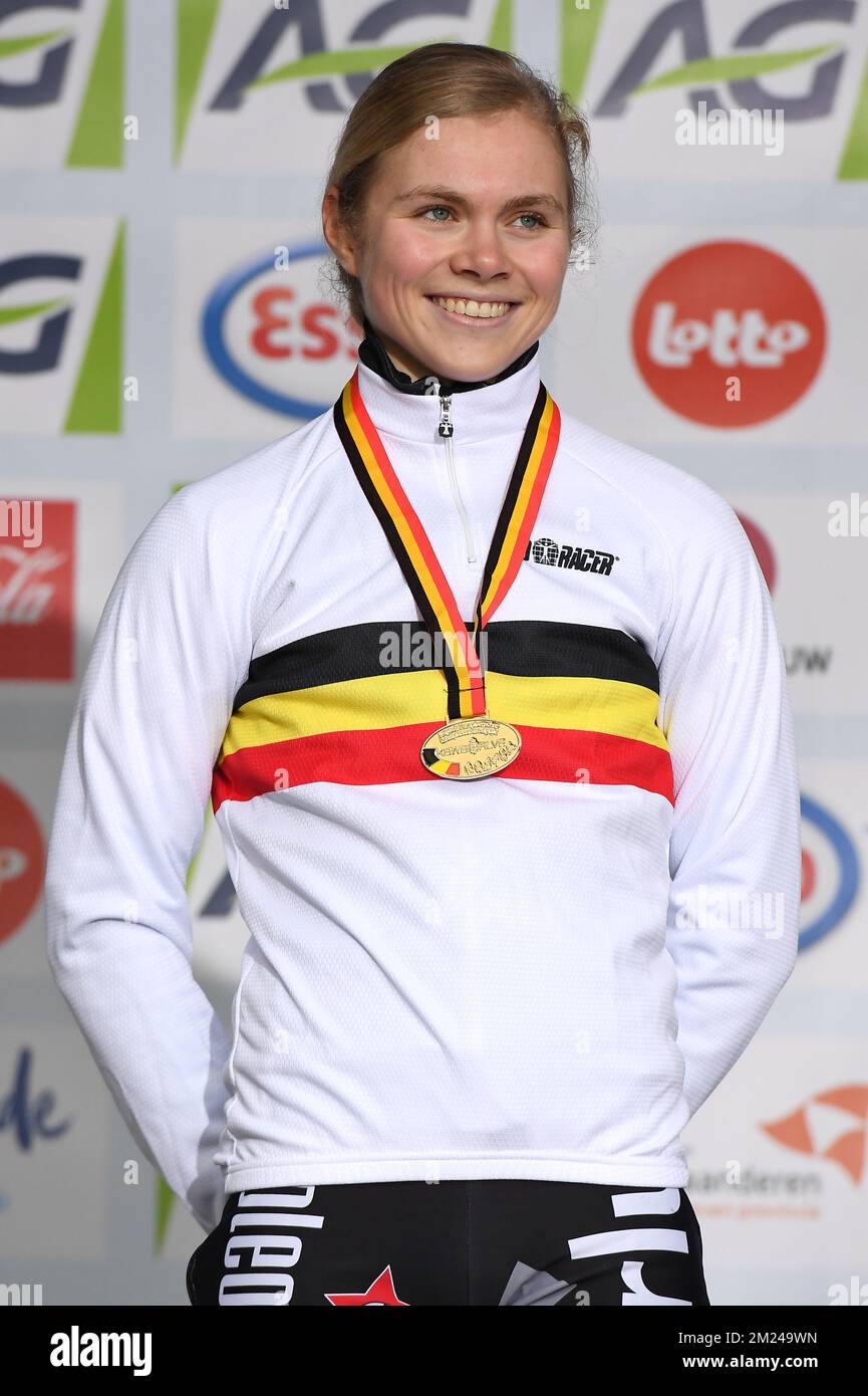 Belgian Laura Verdonschot celebrates on the podium after the women's ...