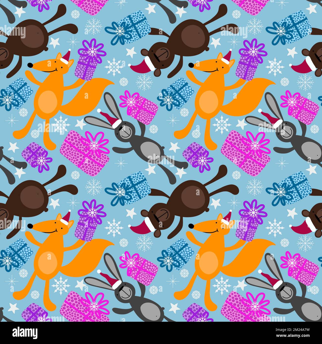 Christmas winter animals seamless bears and rabbit and fox pattern for ...