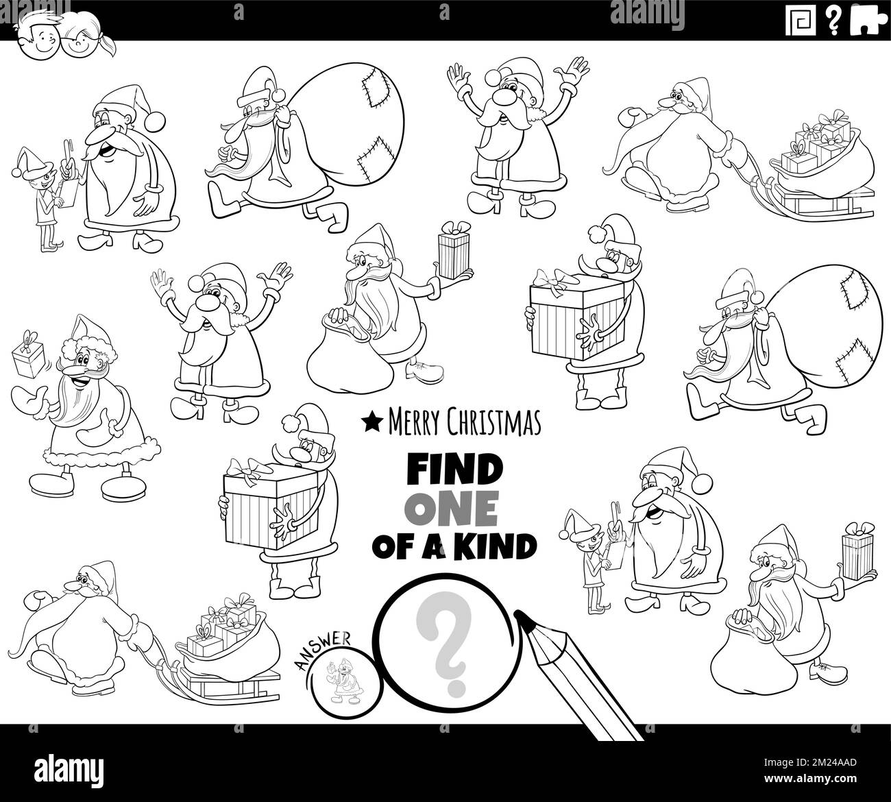 Black and white cartoon illustration of find one of a kind picture ...