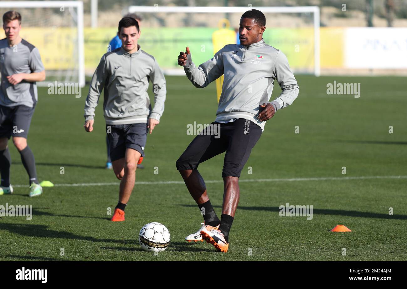 Oostende's Joseph Akpala pictured in action during the winter training ...