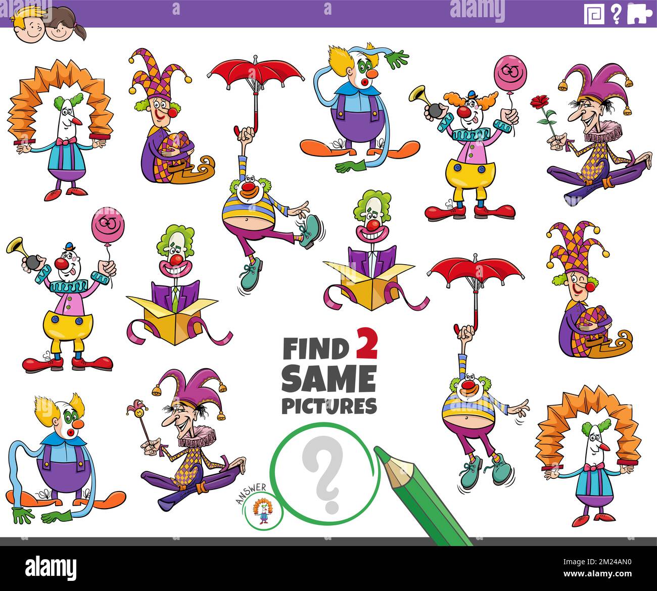 Cartoon illustration of finding two same pictures educational game with ...