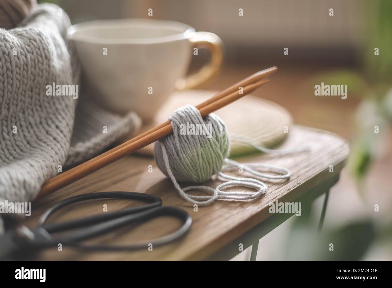 Cozy homely atmosphere. Female hobby knitting. Yarn in neutral colors ...