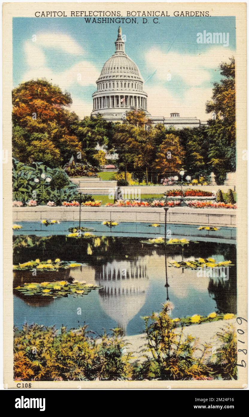 Capitol reflections, Botanical Gardens at night, Washington, D. C. , Capitols, Tichnor Brothers ...