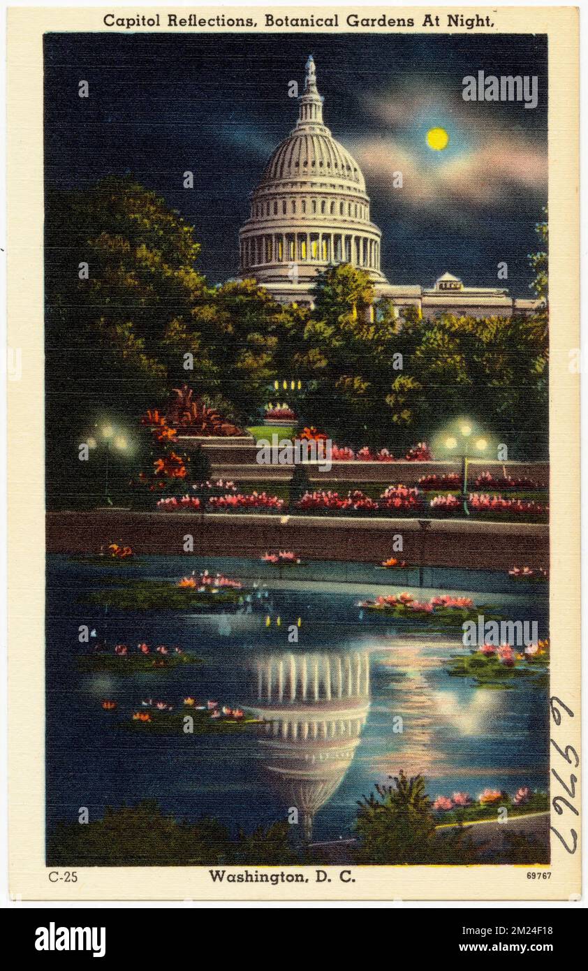 Capitol reflections, Botanical Gardens at night, Washington, D. C. , Capitols, Tichnor Brothers ...