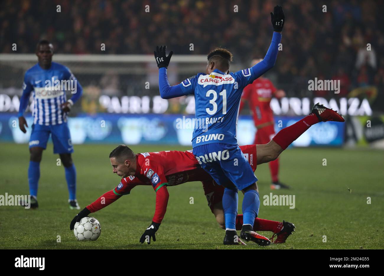 Genk's Leon Bailey and Oostende's Adam Marusic fight for the ball ...
