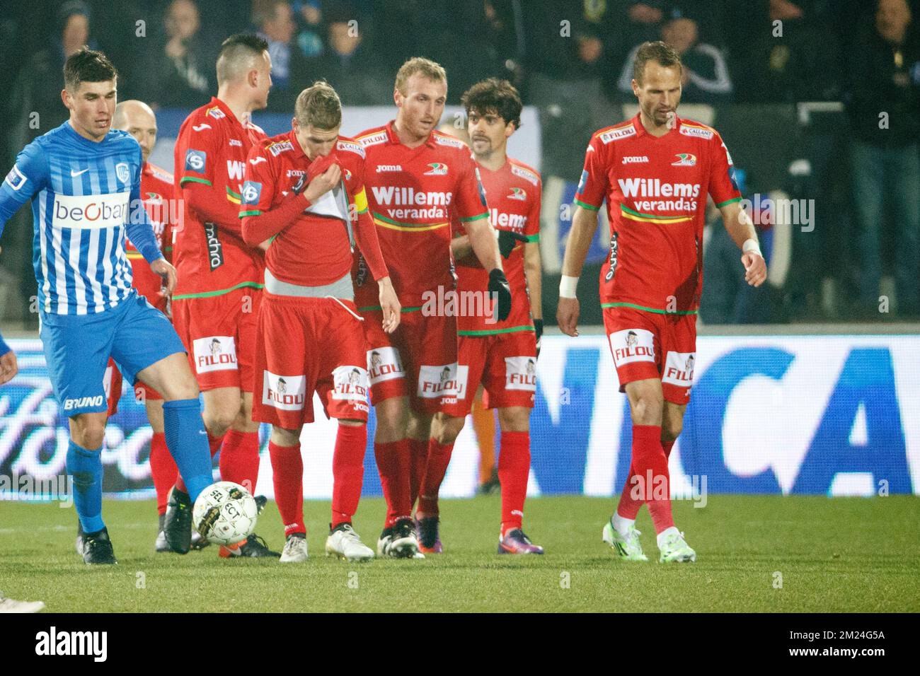 Oostende's Kevin Vandendriessche celebrates after scoring during a game ...