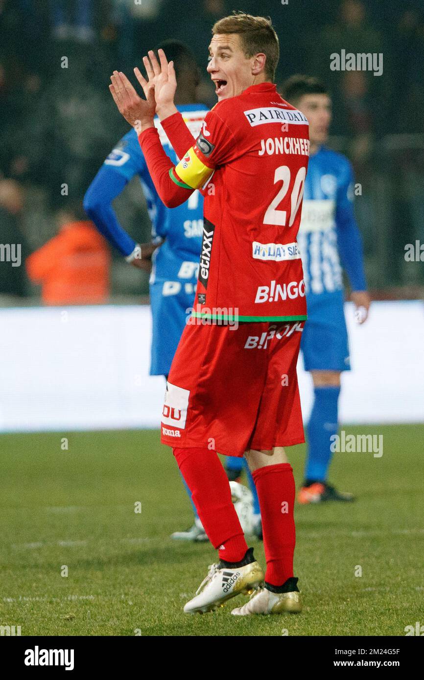 Oostende's Michiel Jonckheere celebrates after scoring during a game ...