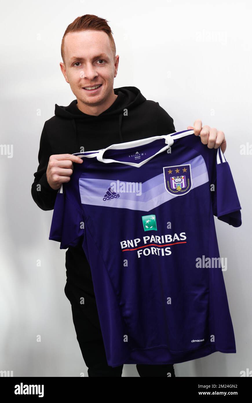 Anderlecht's Adrien Trebel poses for the photographer and after a press ...