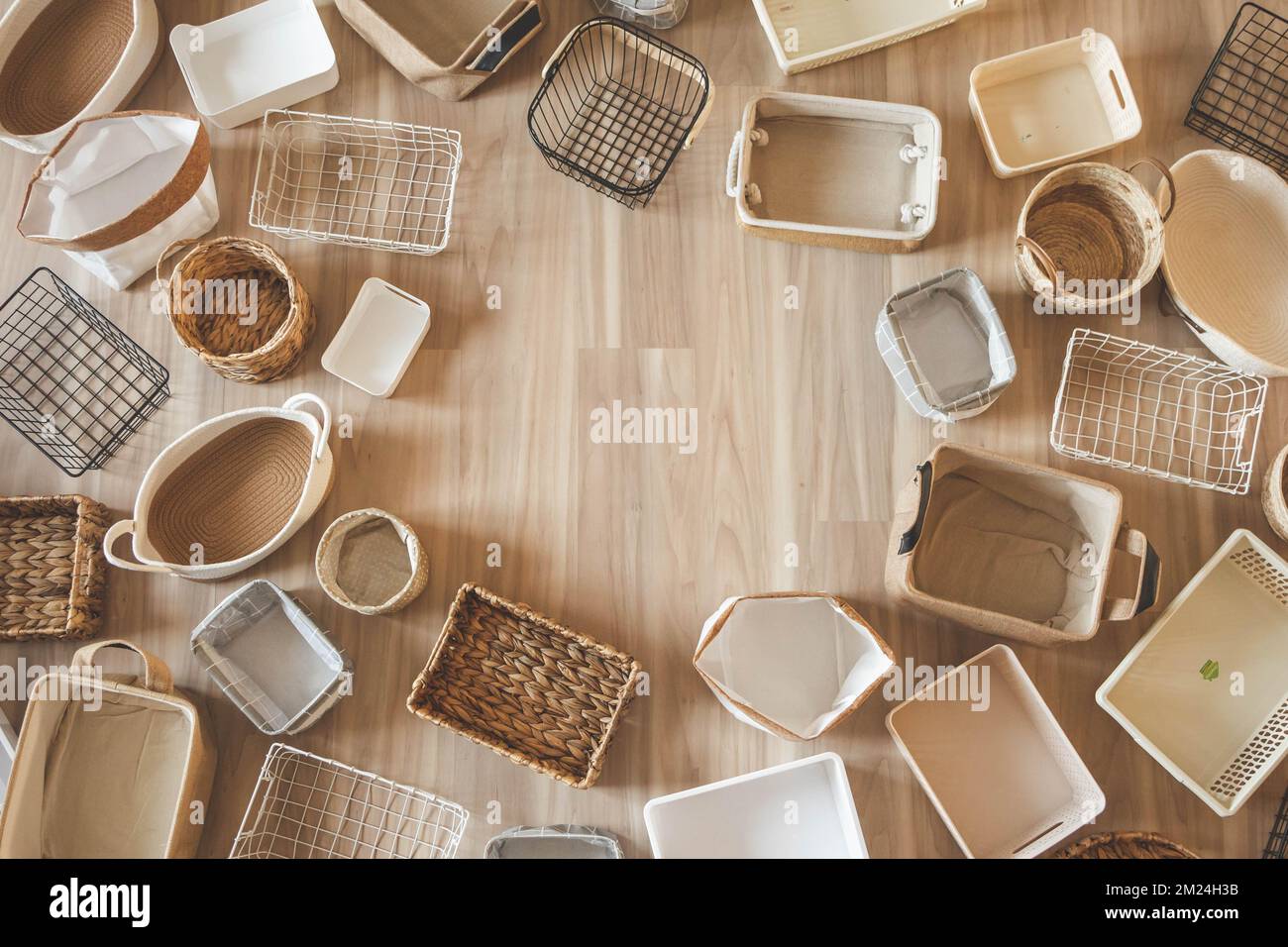 Flat lay of storage boxes; containers and baskets with different sizes ...