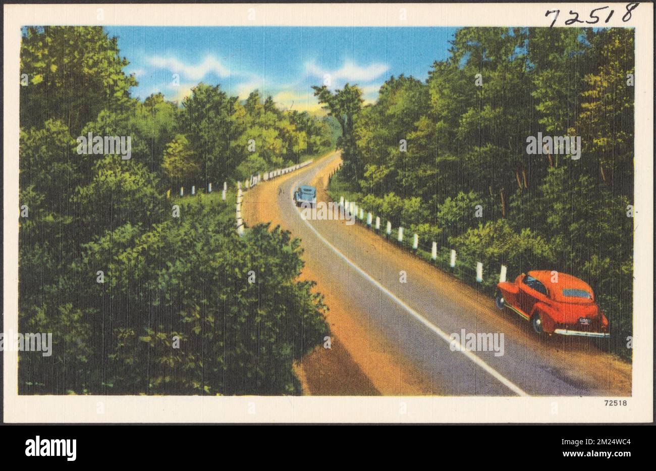 Cars on a tree-lined road , Roads, Trees, Automobiles, Tichnor Brothers ...
