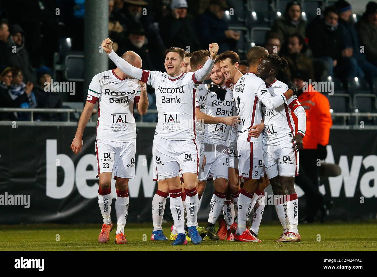 Essevee's players celebrate during a game between KAS Eupen and Zulte ...
