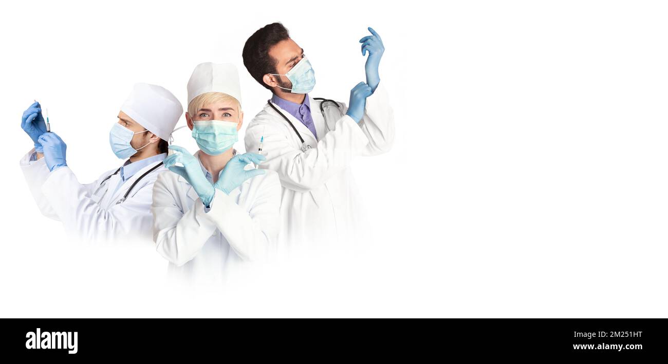Vaccination Concept. Creative Collage With Group Of Doctors Holding ...