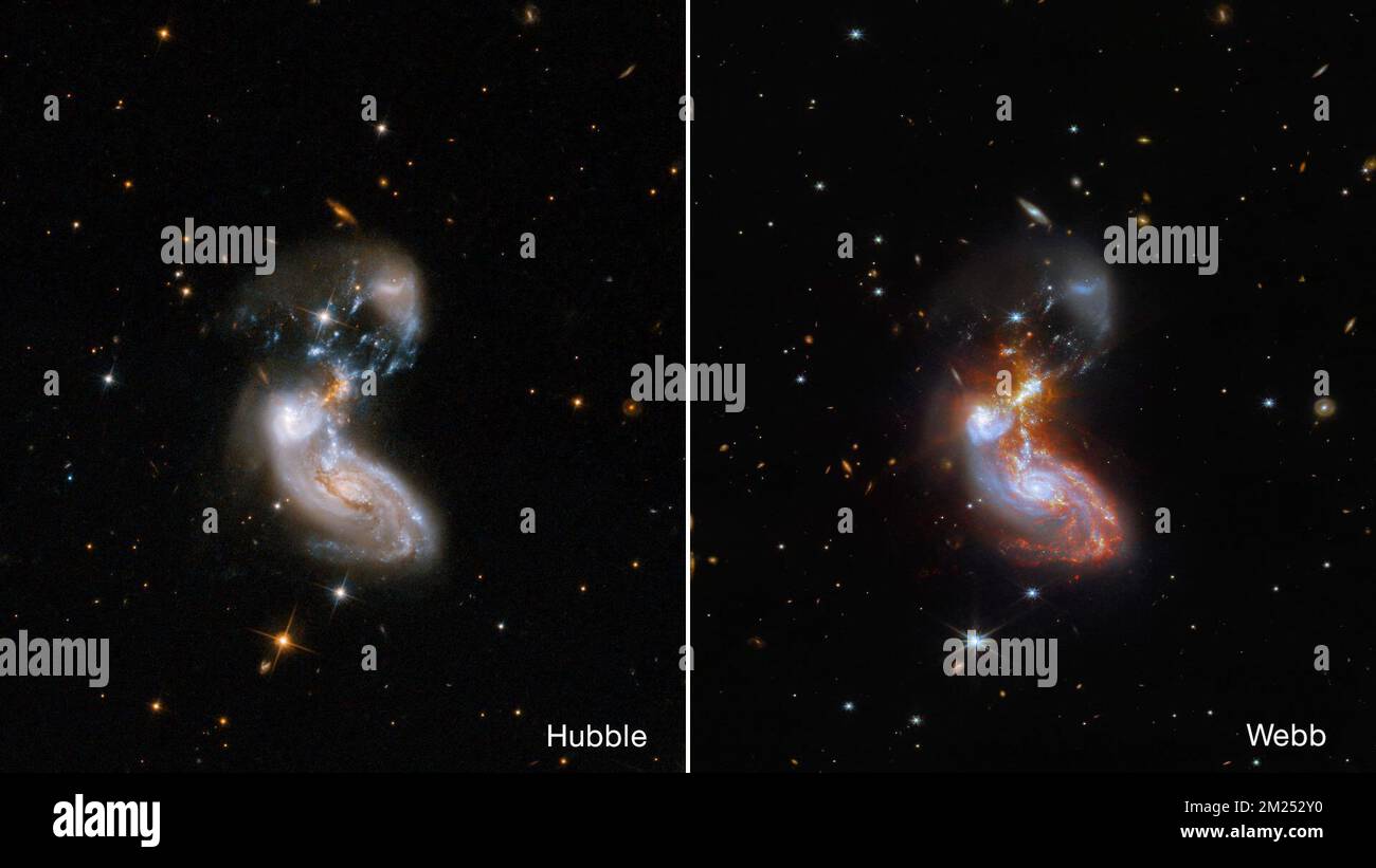 Space. 29th Nov, 2022. A merging galaxy pair cavort in this image ...