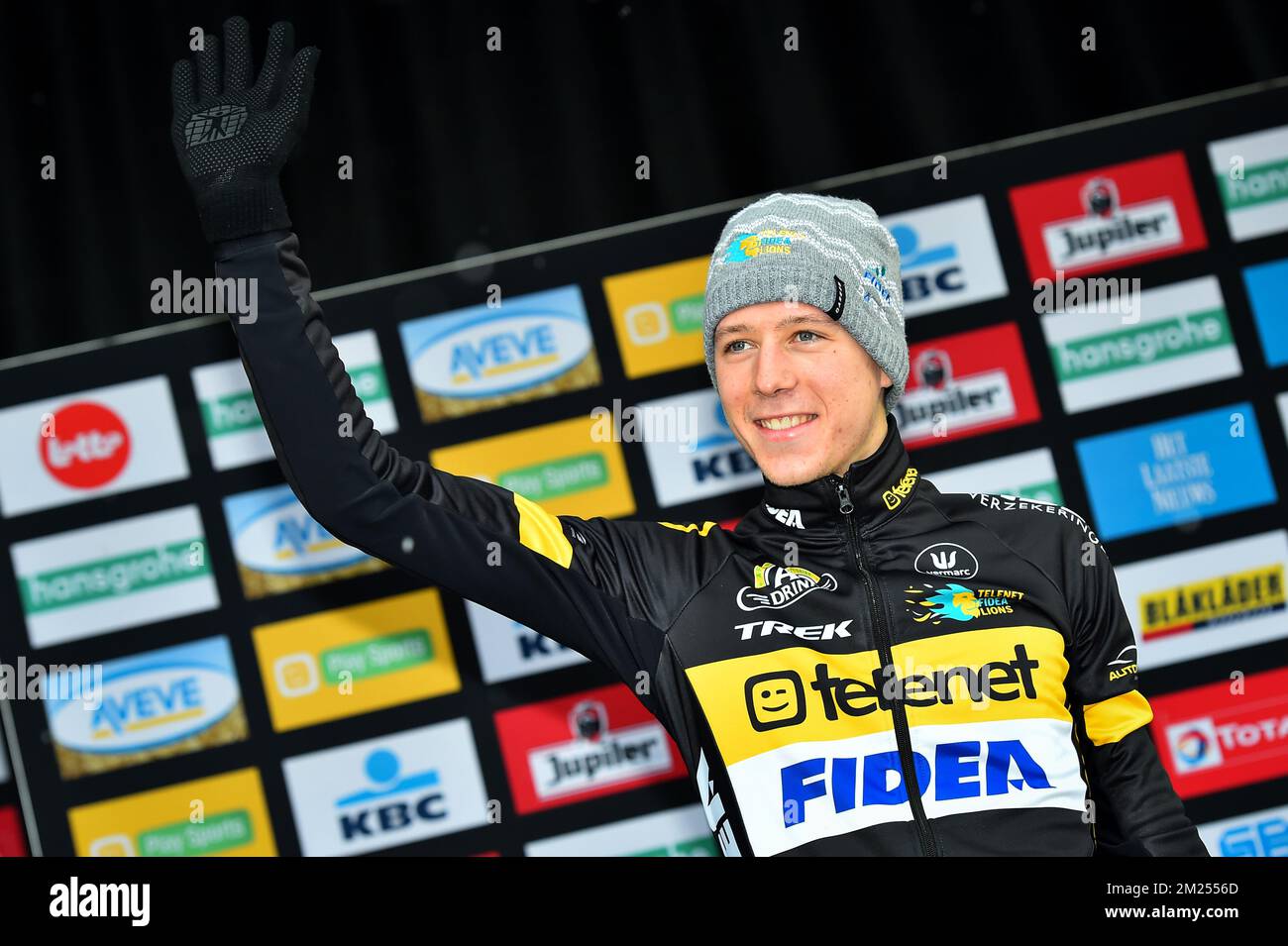 Belgian Nicolas Cleppe celebrates on the podium after the Under 23 race ...