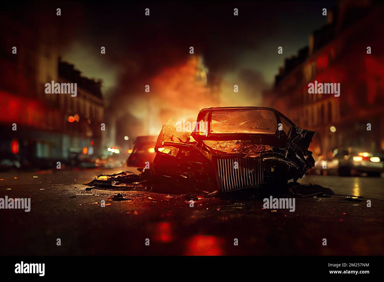 car incident in night city , involving damaged and smashed car wrecks ...