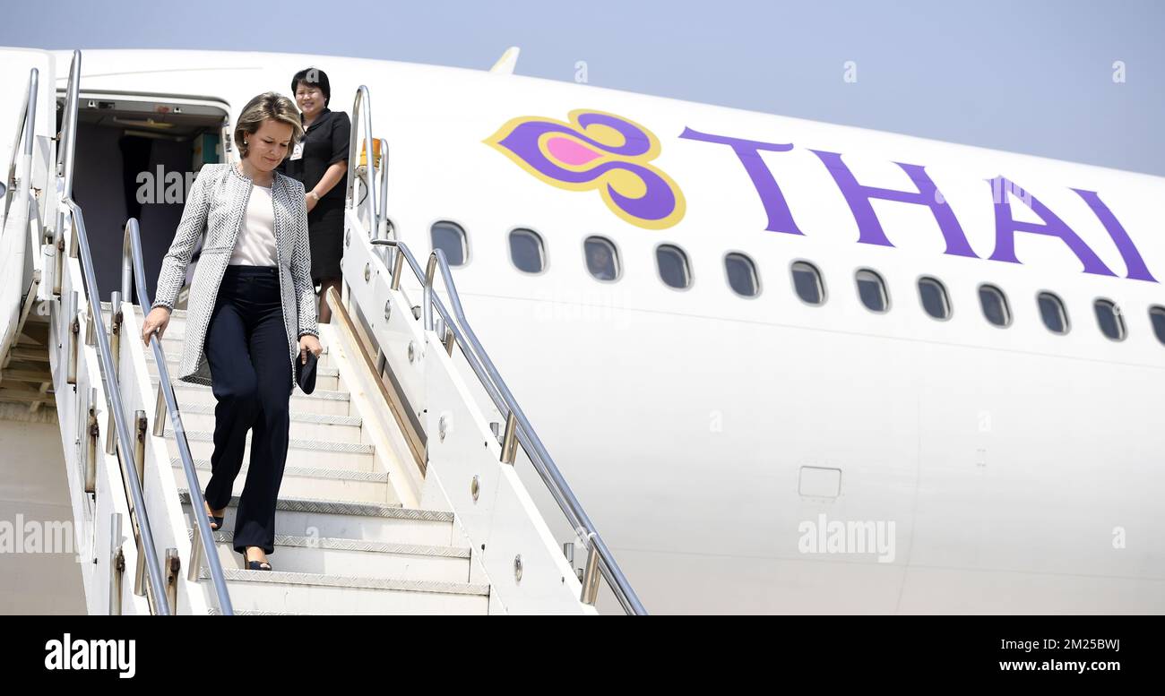 Queen Mathilde of Belgium pictured during the arrival at Vientiane ...