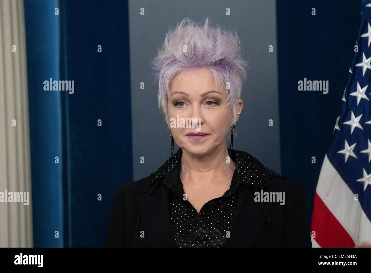 Musician Cyndi Lauper makes a statement in the briefing room at the ...
