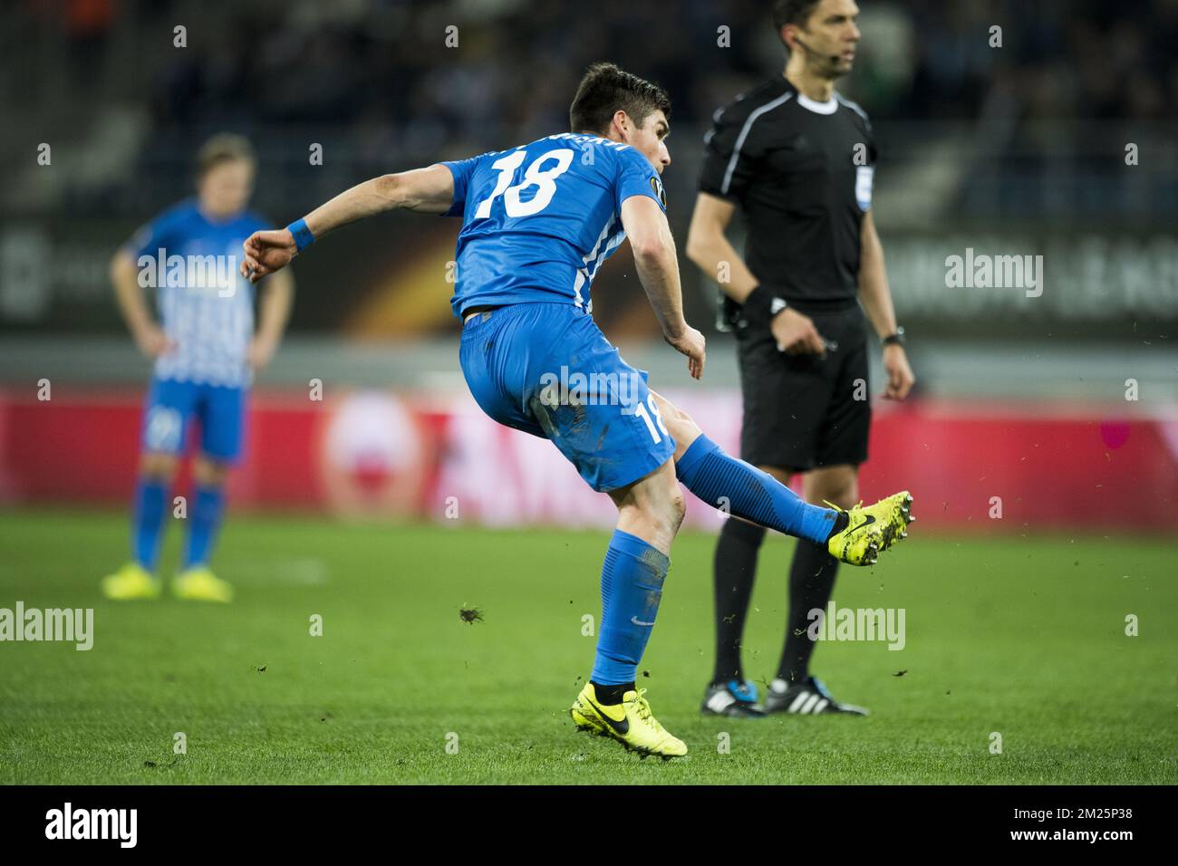 Genk's Ruslan Malinovsky scores a goal during a soccer game between Belgian teams KAA Gent and ...