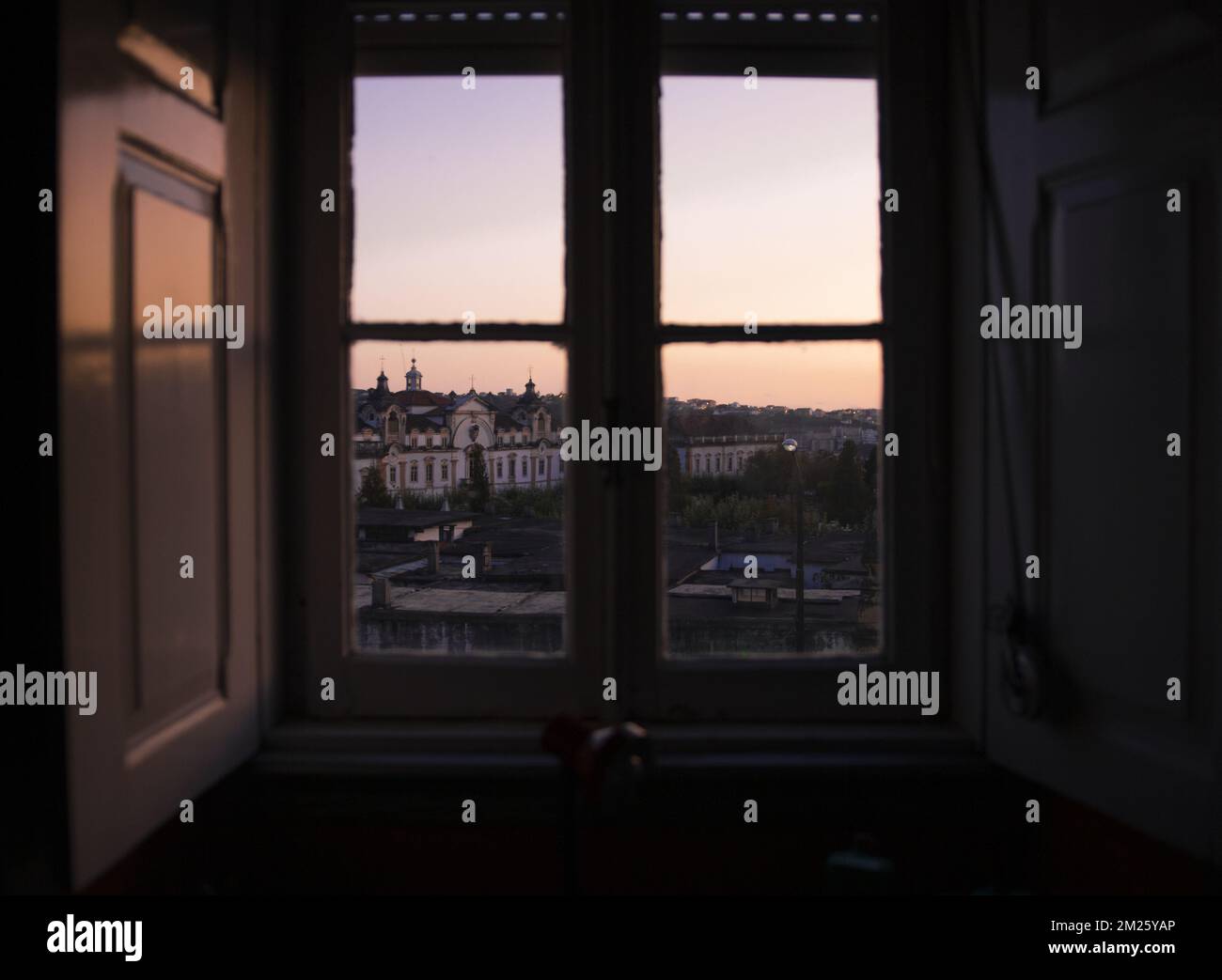 A view of buildings seen through the glass window with beautiful ...