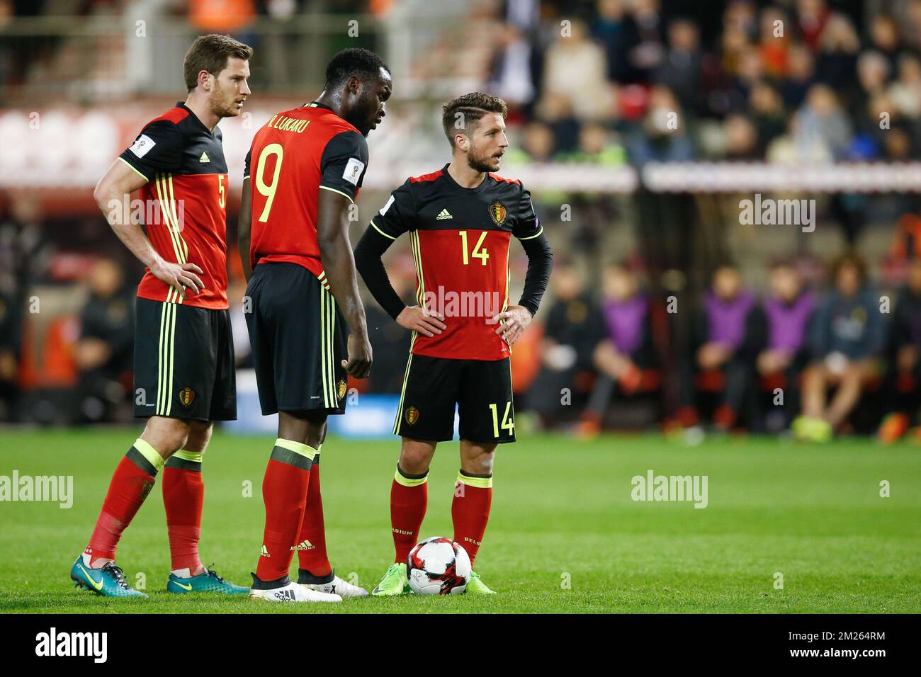 Belgium's Jan Vertonghen, Belgium's Romelu Lukaku and Belgium's Dries ...