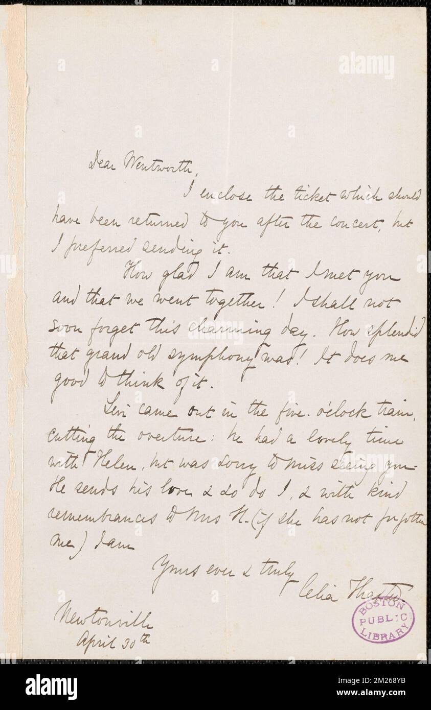 Celia Thaxter autograph note signed to Thomas Wentworth Higginson ...