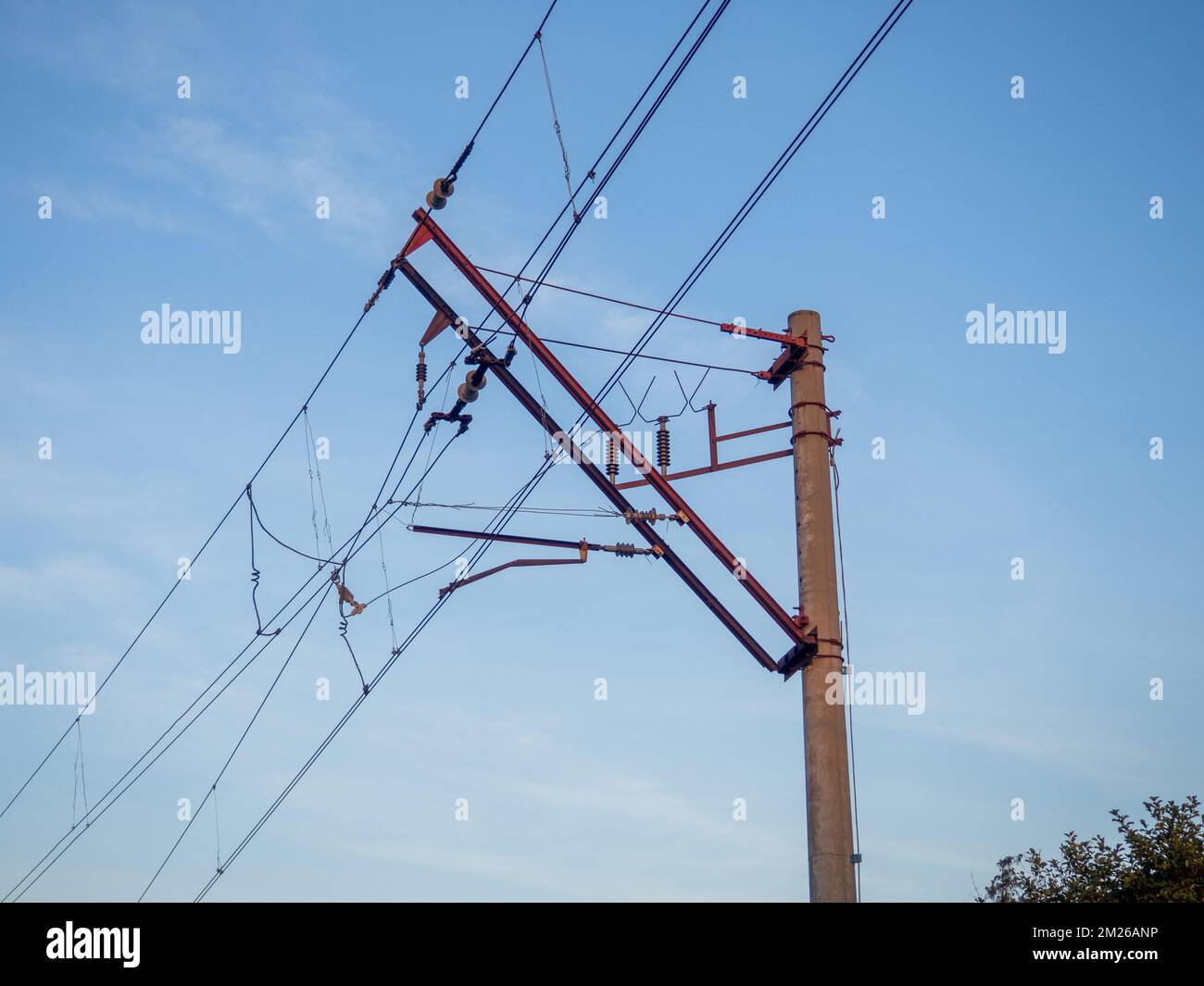 Railway wires. Transport electricity. Poles with wires. Electric ...