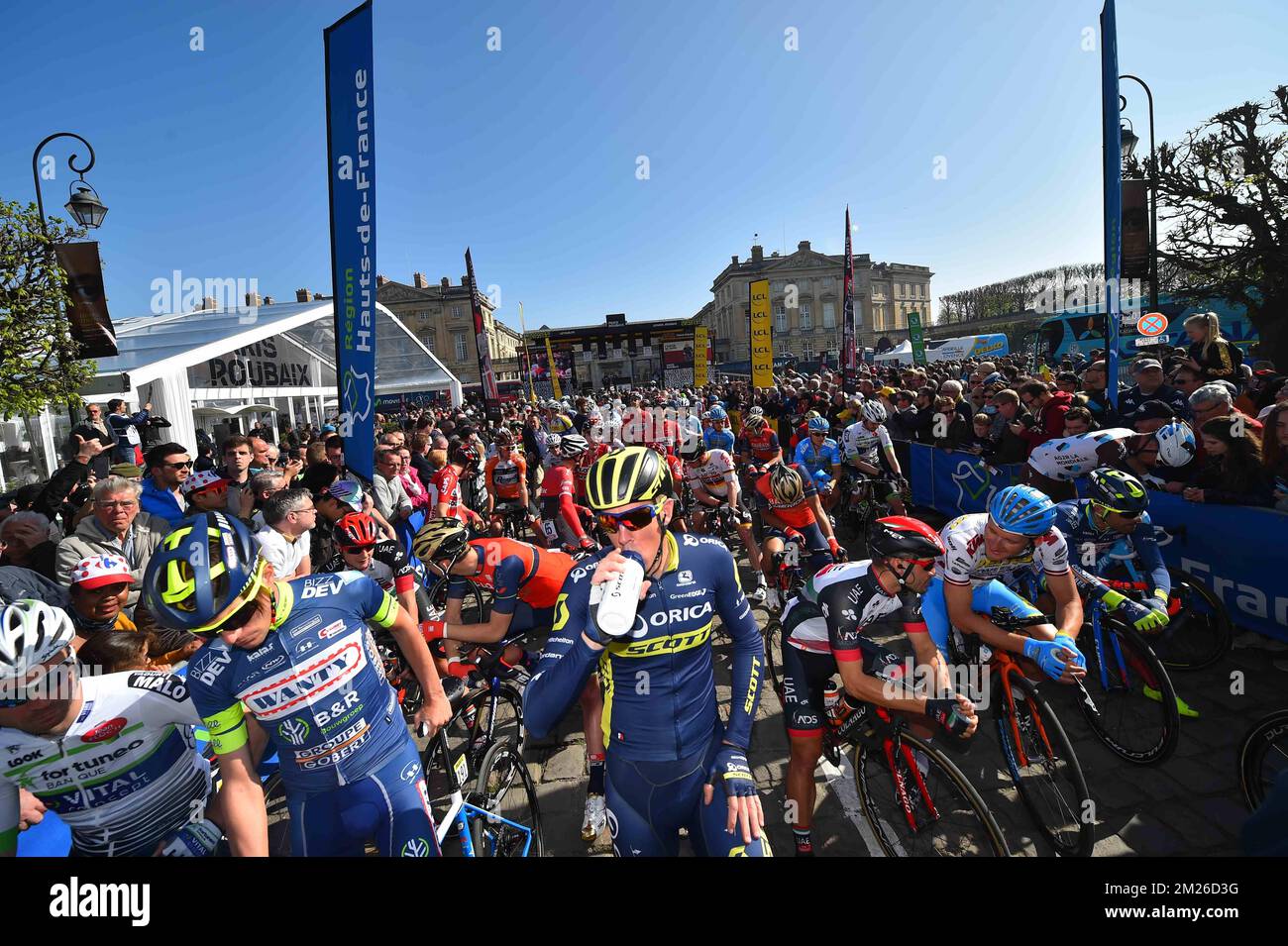 Illustration picture shows the pack of riders at the start of the ...