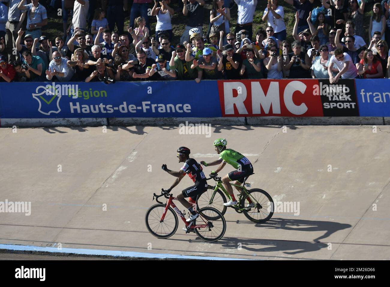 Belgian Greg Van Avermaet of BMC Racing Team and Dutch Sebastian ...