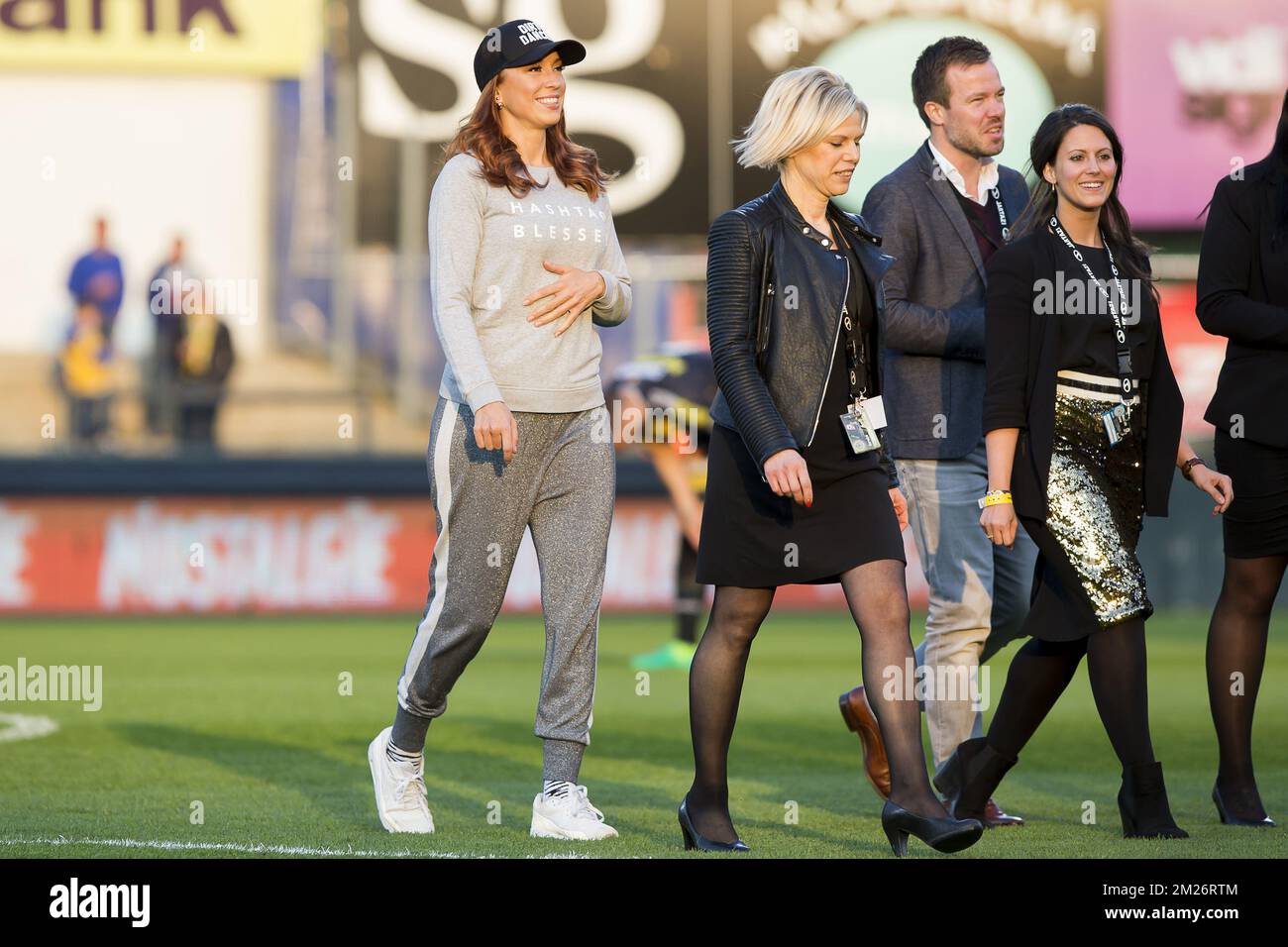 Singer Natalia Druyts (L) pictured before the Jupiler Pro League match ...