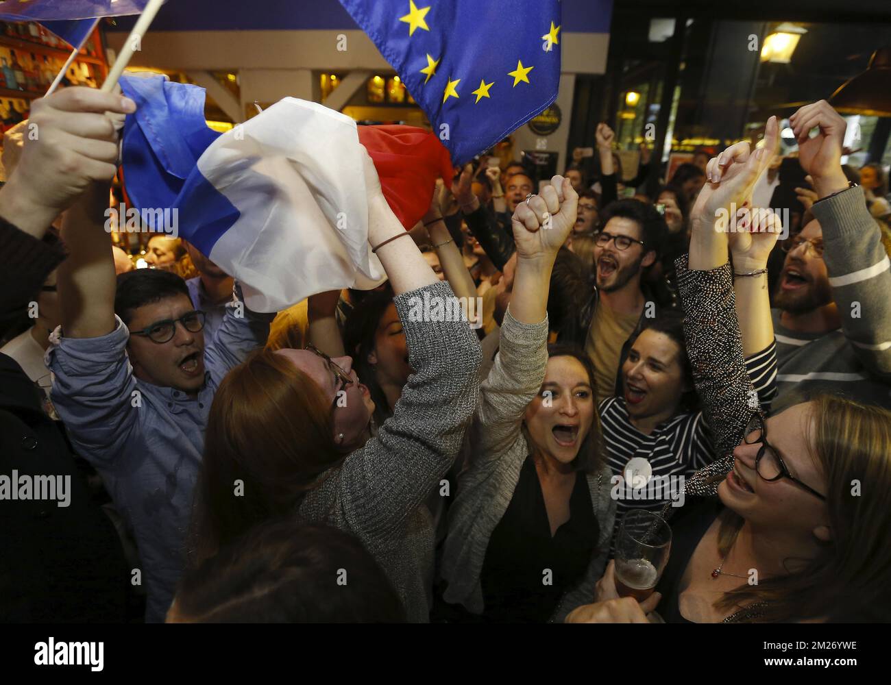 Illustration picture shows a bar where supporters of Macron wait the ...