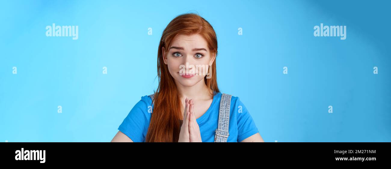 Close-up attractive tender redhead woman asking pretty please ...