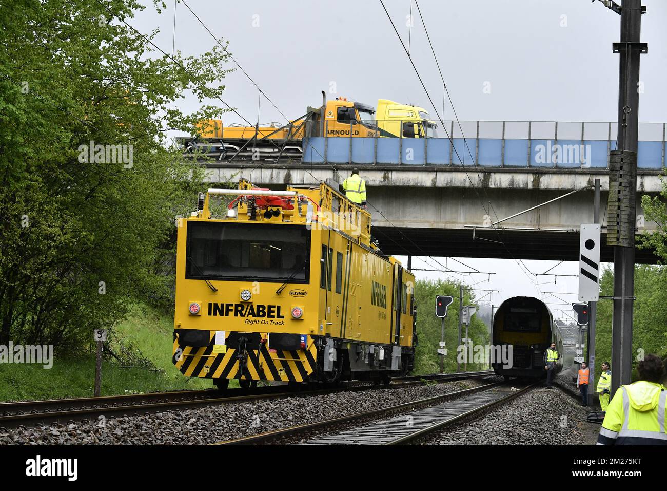 Infrabel working truck pictured at the place of an accident as a ...