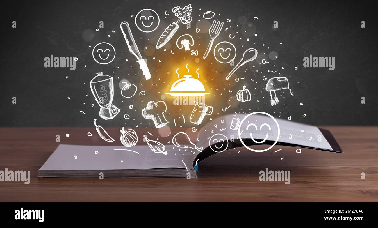 Open recipe book with food related icons above Stock Photo - Alamy