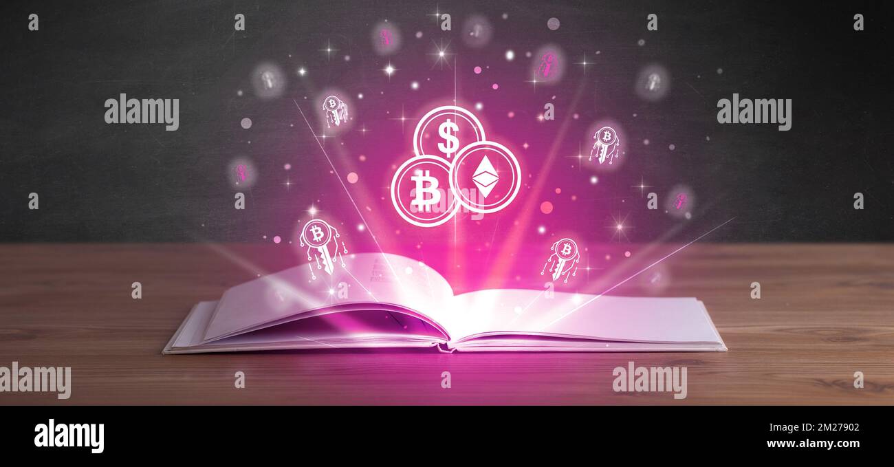 Open book with currency icons above Stock Photo - Alamy
