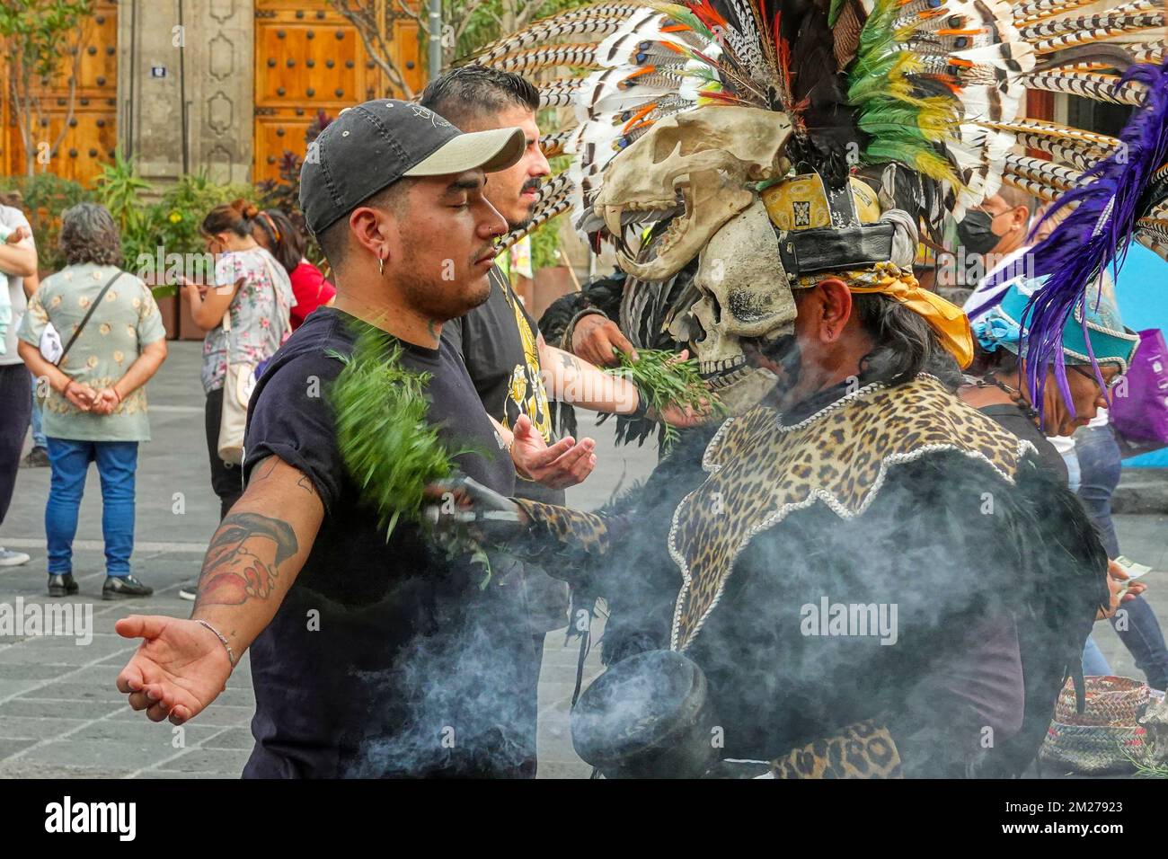 A man participates in spiritual cleansing by Aztec shaman folk healers ...