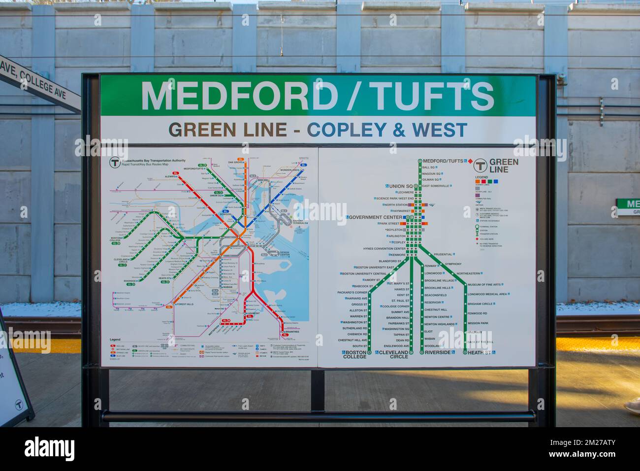 Sign and map of MBTA Green Line Medford Tufts station in city of ...