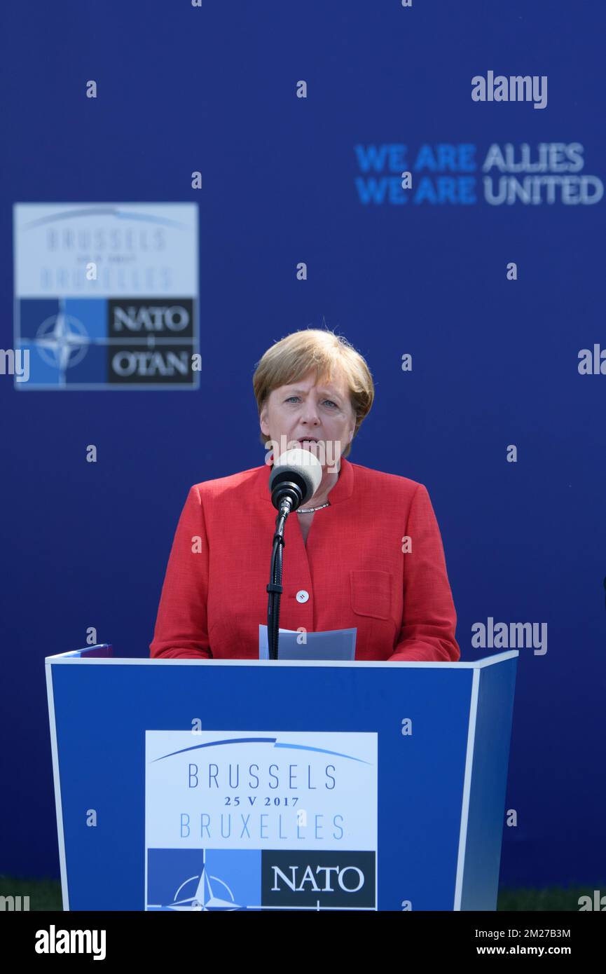 Chancellor of Germany Angela Merkel delivers a speech at the unveiling ...