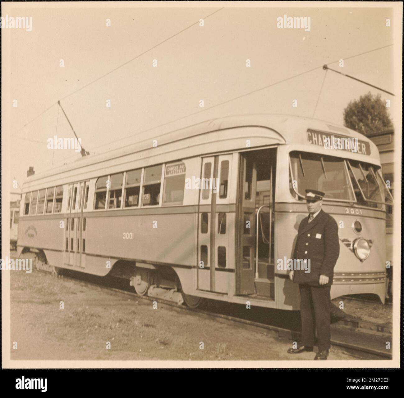 Charles River street rail car #3001 and uniformed man , Street ...