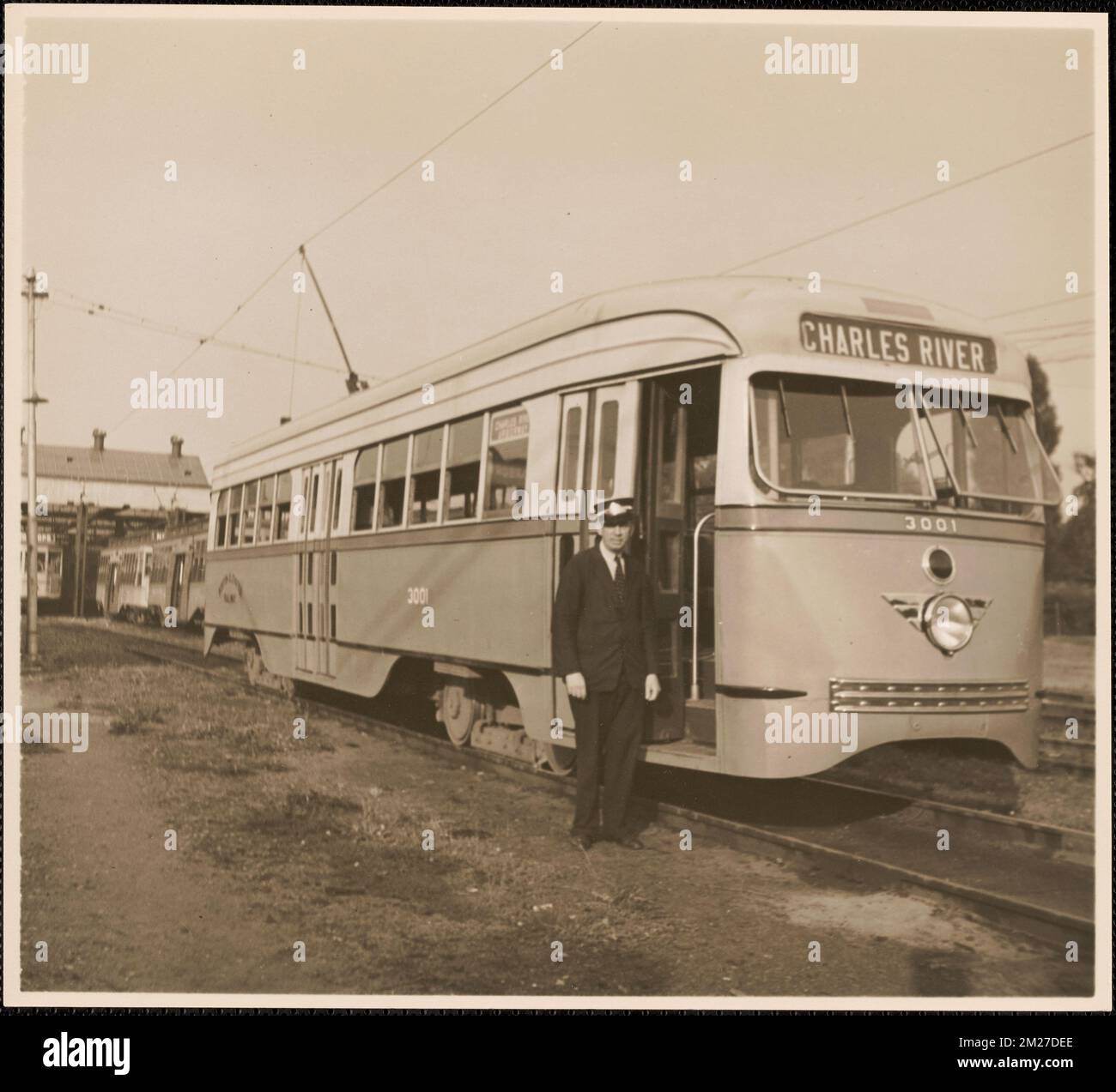 Charles River street rail car #3001 and uniformed man , Street ...