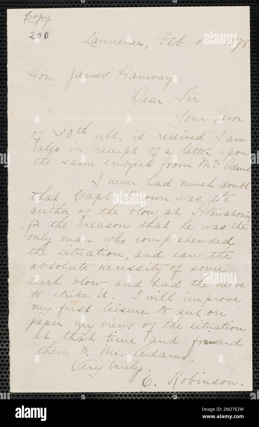 Charles Robinson letter to James Hannay, Lawrence, [Kansas], 5 February ...