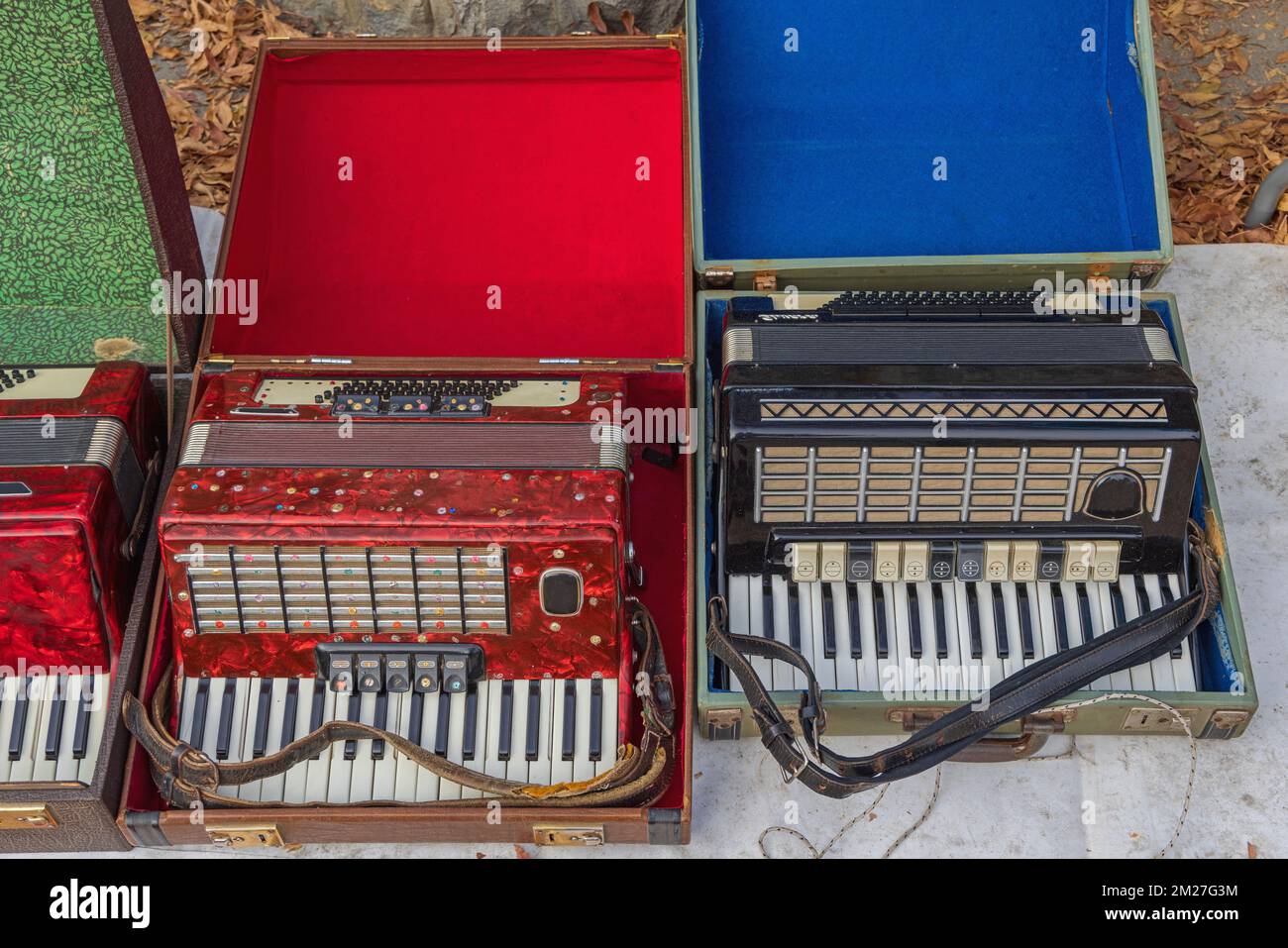 Used Accordions Musical Instruments in Cases at Flea Market Stock Photo ...