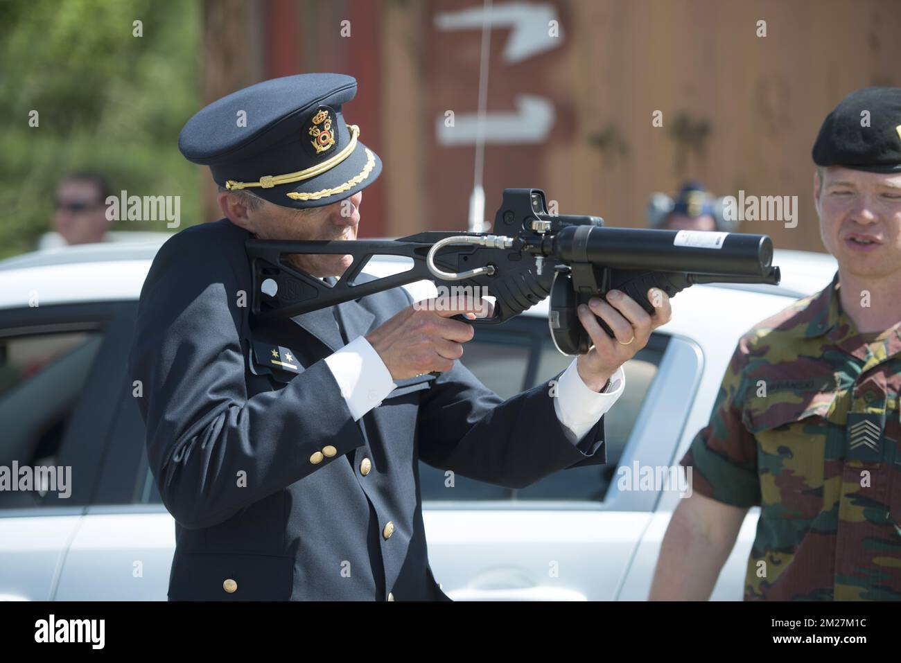 Illustration picture shows an officer holding an FN 303 semi-automatic ...