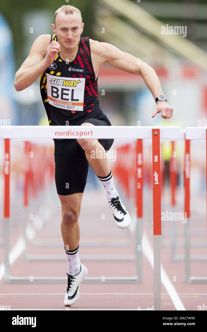 Belgian Dario De Borger pictured in action during the men 110m hurdles ...