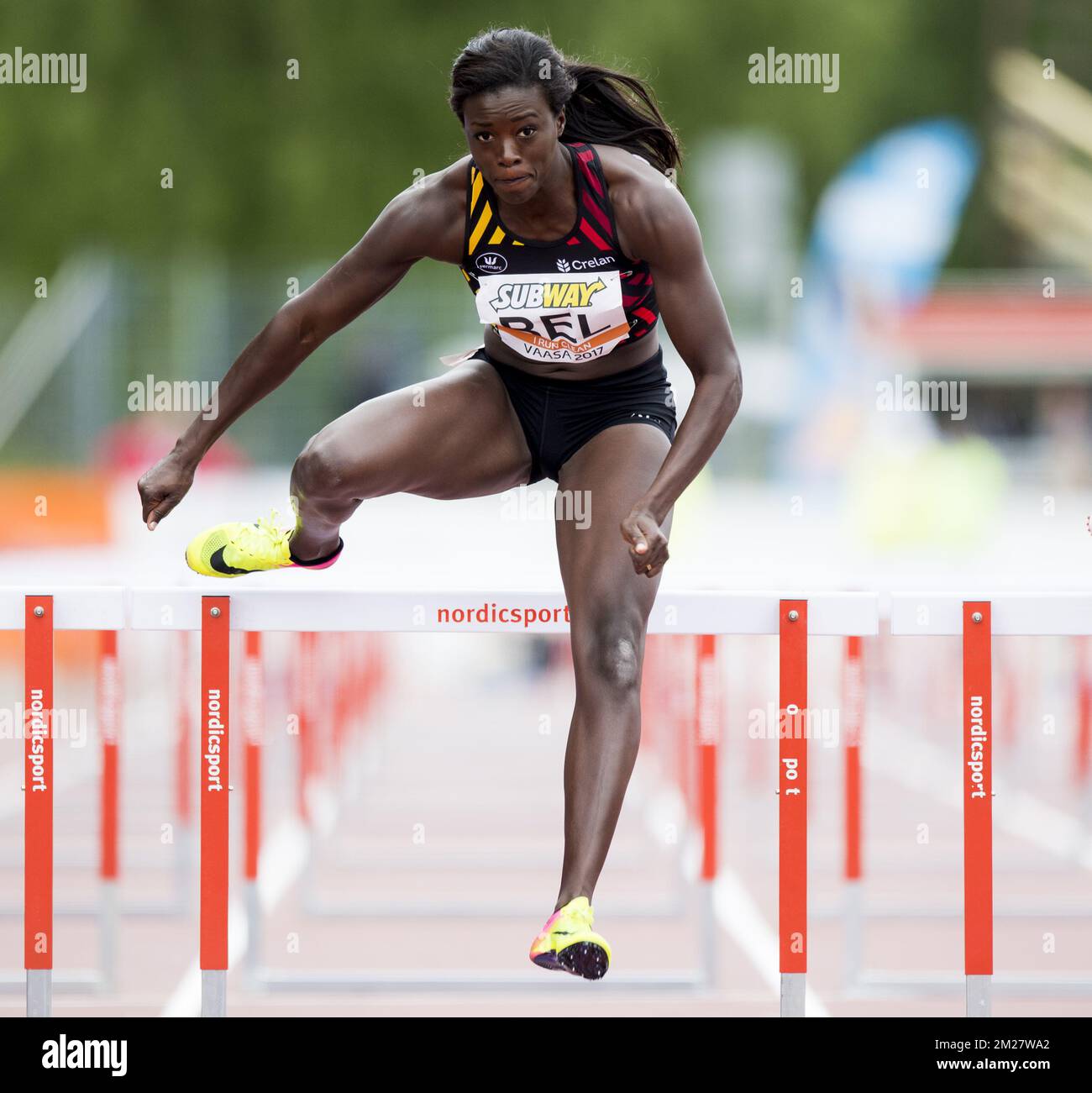 Belgian athlete Anne Zagre in action during the women 100m hurdles on ...