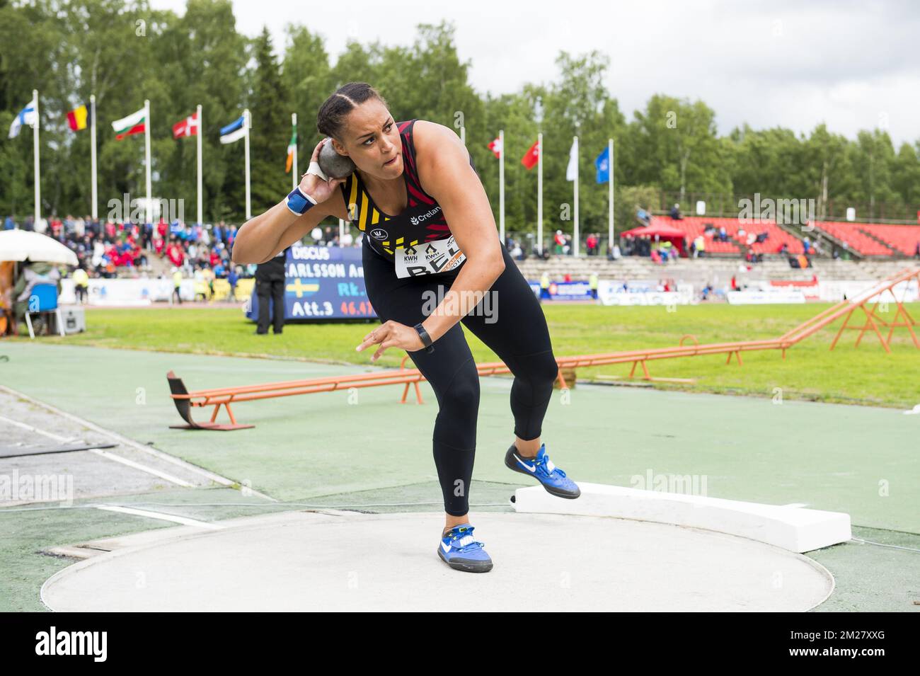 Belgian Jolien Boumkwo pictured in action during the women's shot-put ...