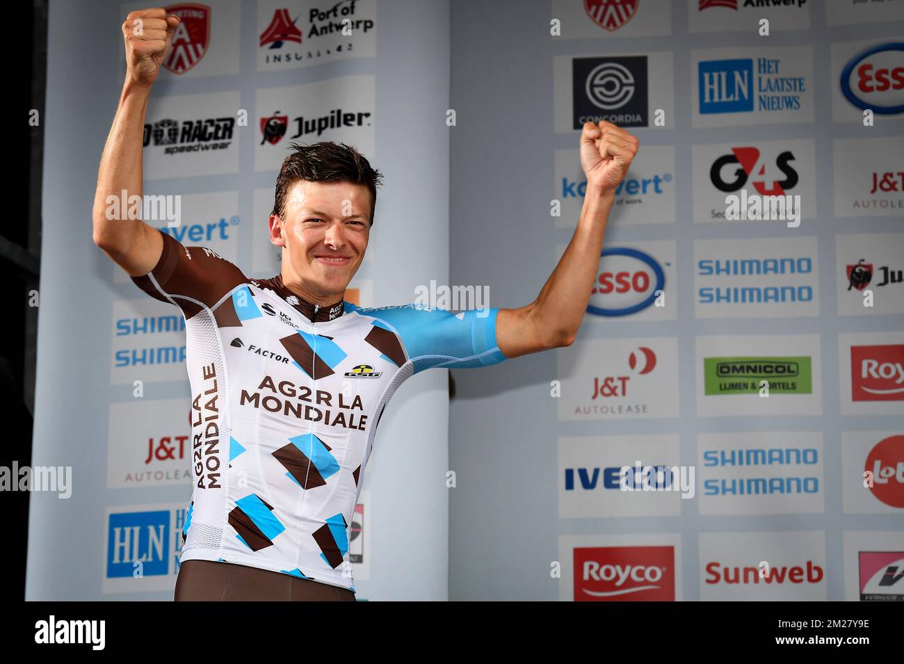 Belgian Oliver Naesen of AG2R La Mondiale celebrates on the podium ...