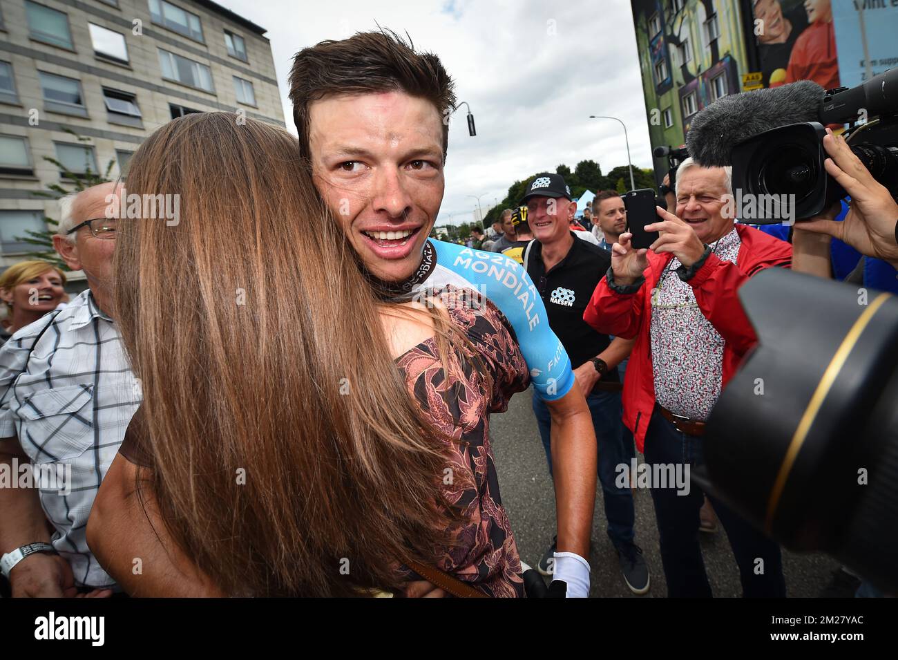 Belgian Oliver Naesen of AG2R La Mondiale and his girlfriend celebrate ...