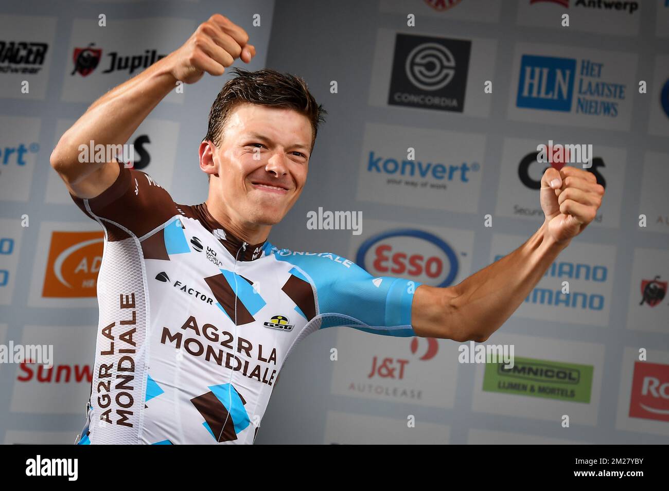 Belgian Oliver Naesen of AG2R La Mondiale celebrates on the podium ...