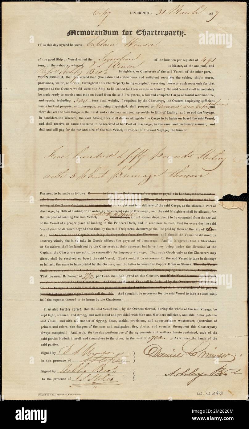 Charter agreement between Capt. D.L. Winsor and Ashley Bros. for ...