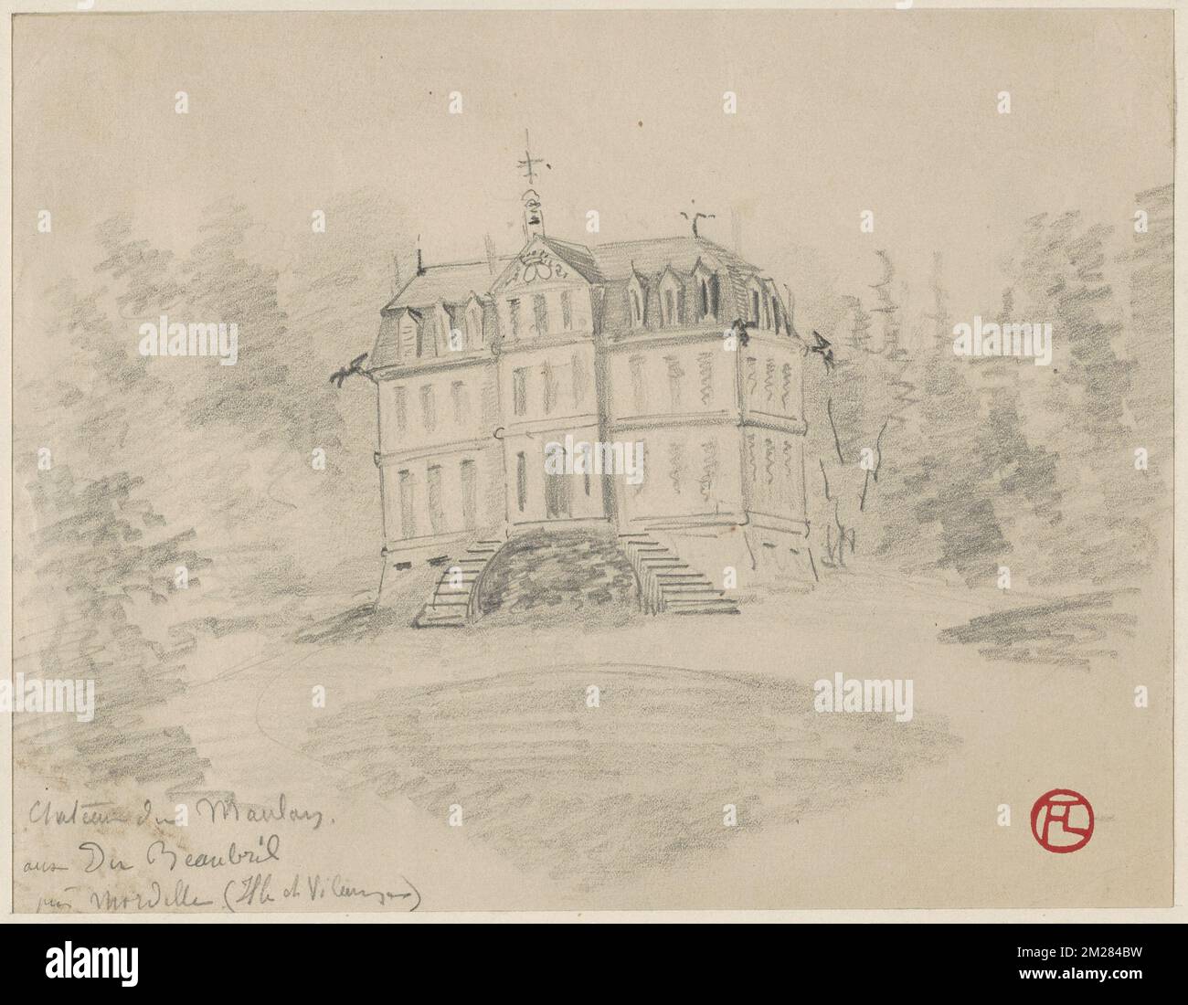 Chateau du Manlay aus du Beaubril; on verso, study of a horse , Castles ...